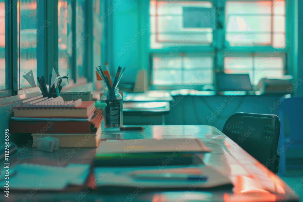 Organized teachers desk with blurred classroom background Stock Photo ...