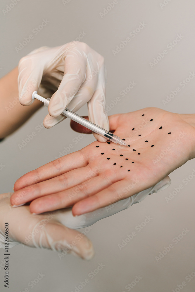 Markup of the hyperhidrosis treatment. Care of palm sweating. Marking ...