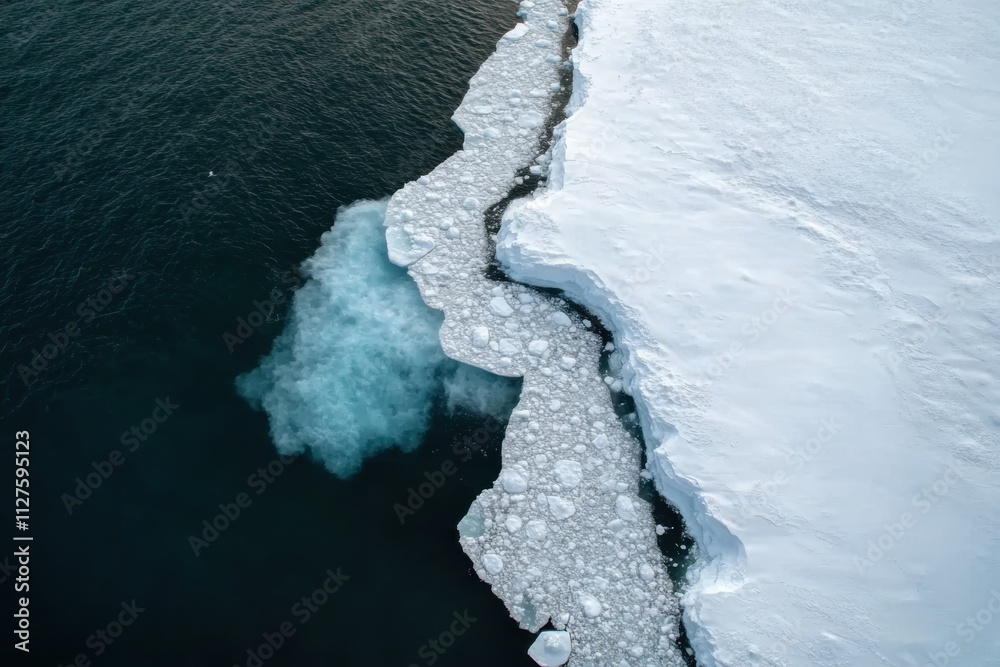 Fragmented pieces of ice float gently on dark water, creating a ...
