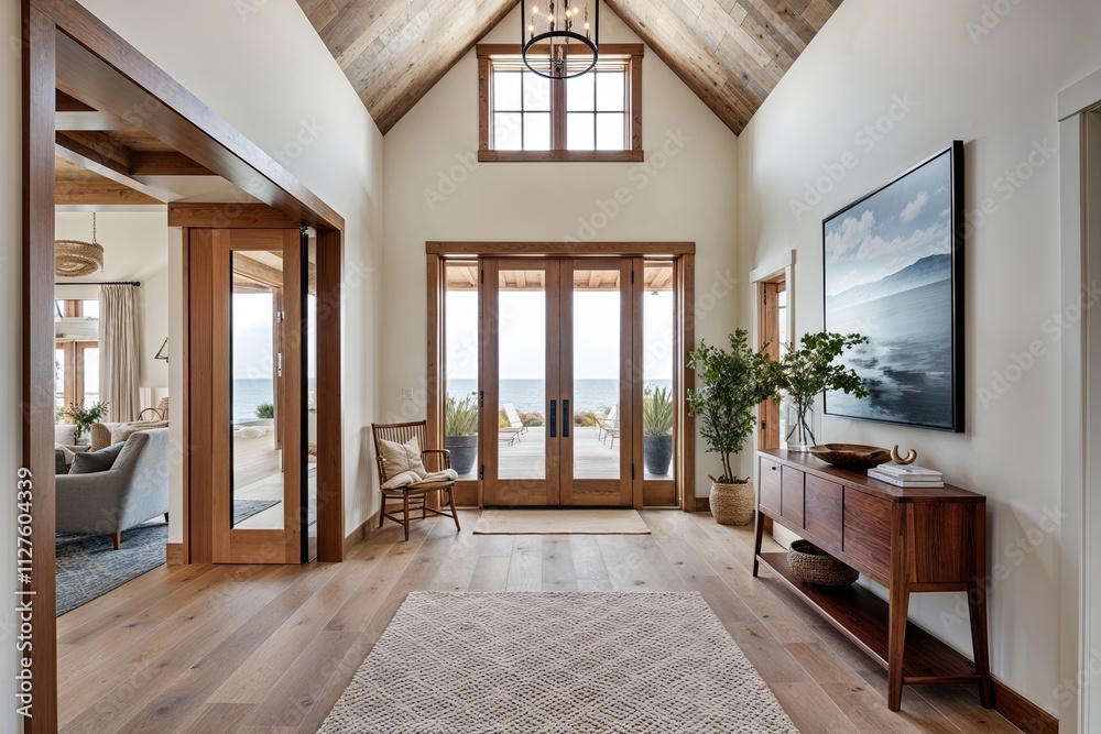 Coastal Scandinavian Design of a Stylish Home Foyer with Vaulted ...