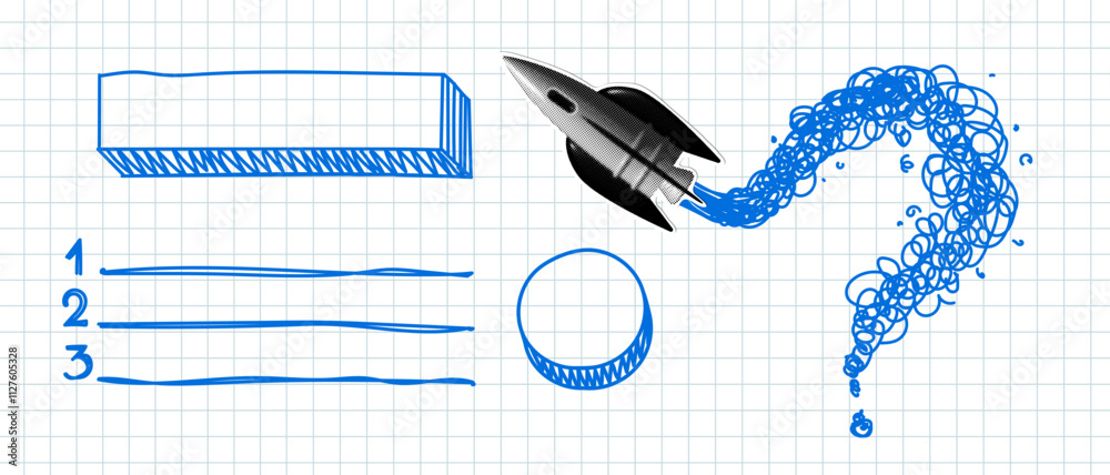 Modern collage with rocket launch and question mark. Rocket exhaust ...