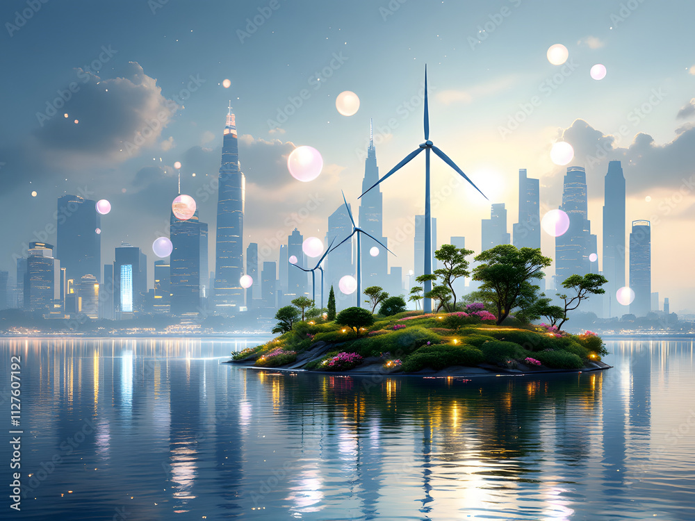 Green city, nature, city, skyline, wind turbines, renewable energy ...