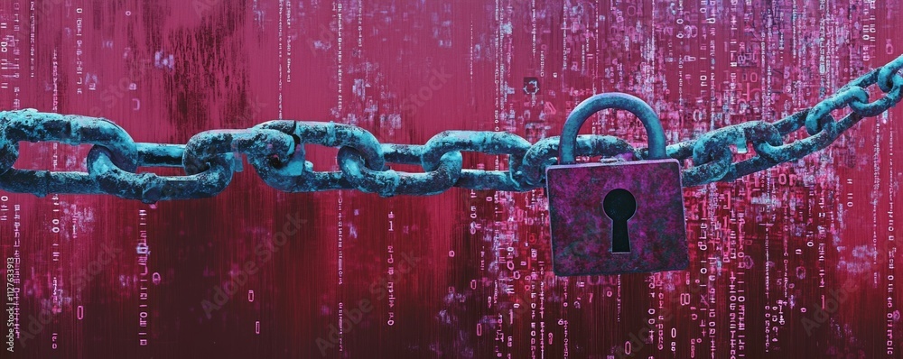 Broken chain link over binary code and padlock, symbolizing ...