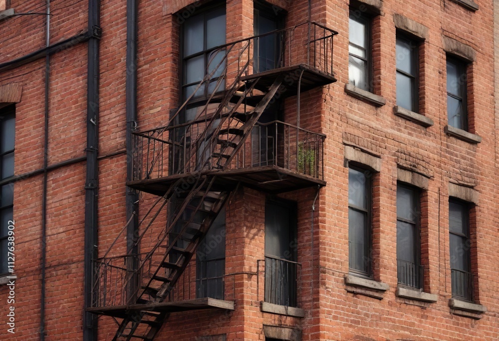 Old, rusty fire escape on a worn brick building, urban decay, crumbling ...