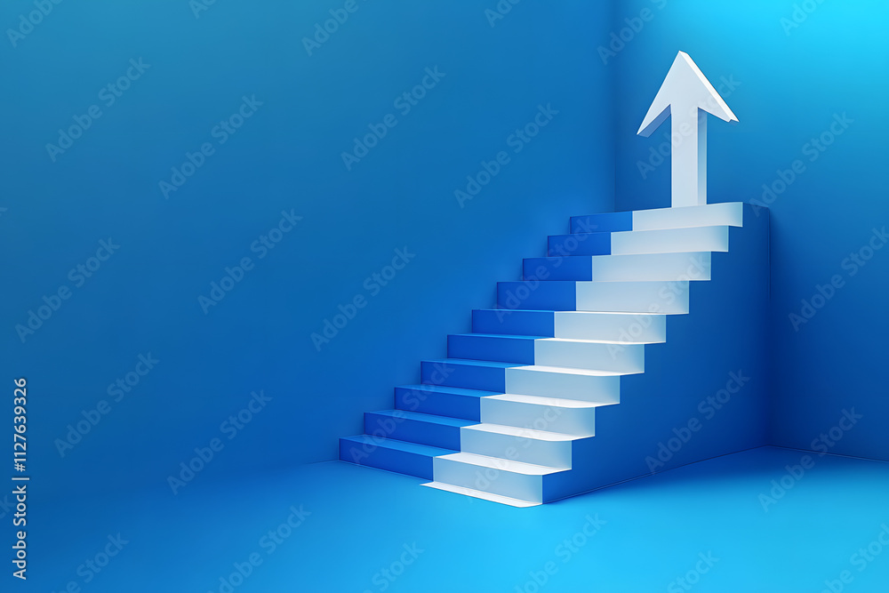 White arrow up with blue stair on blue floor background, 3D arrow ...