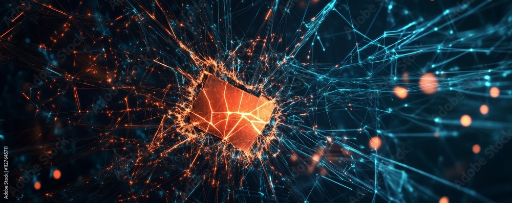 Security breach concept, cracked firewall icon on network interface ...