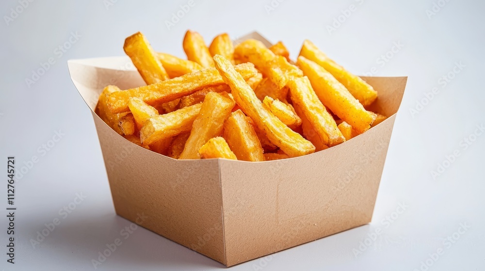 Sweet potato fries, freshly baked and seasoned, packed in a kraft box ...