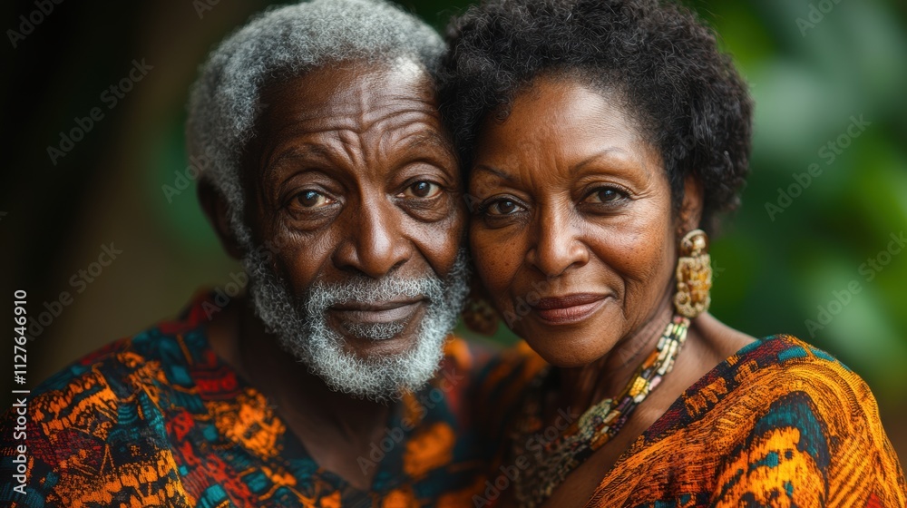 An affectionate older couple wearing vibrant traditional African ...