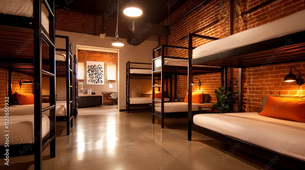 Urban hostel room with industrial design, exposed brick walls, metal ...