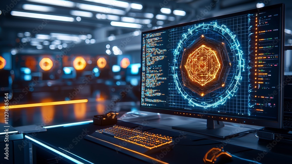 Futuristic gamer room with glowing RGB lights, a custom-built PC setup ...