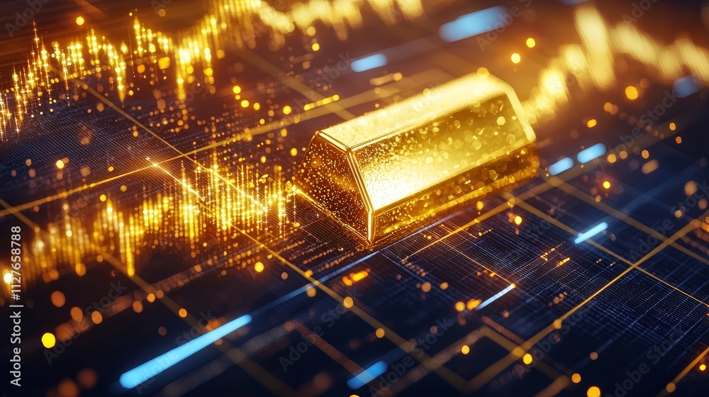 Gleaming gold bar on detailed stock graph, close-up digital art style ...