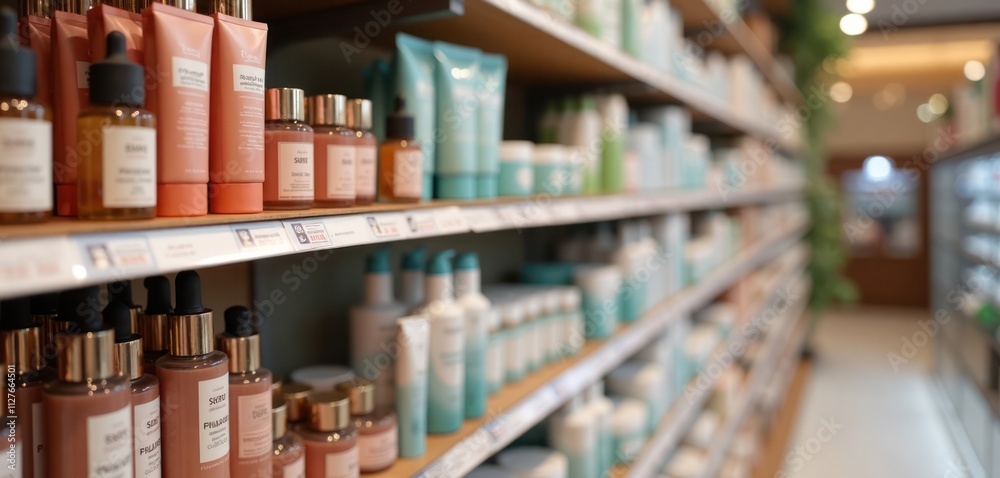Store shelves display skincare, beauty products. Rows of colorful ...