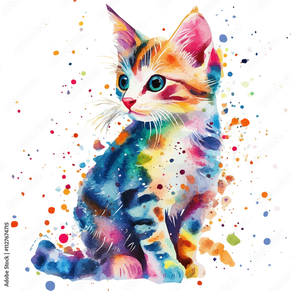watercolor cat with splash color, colorful cats and kitten painting ...