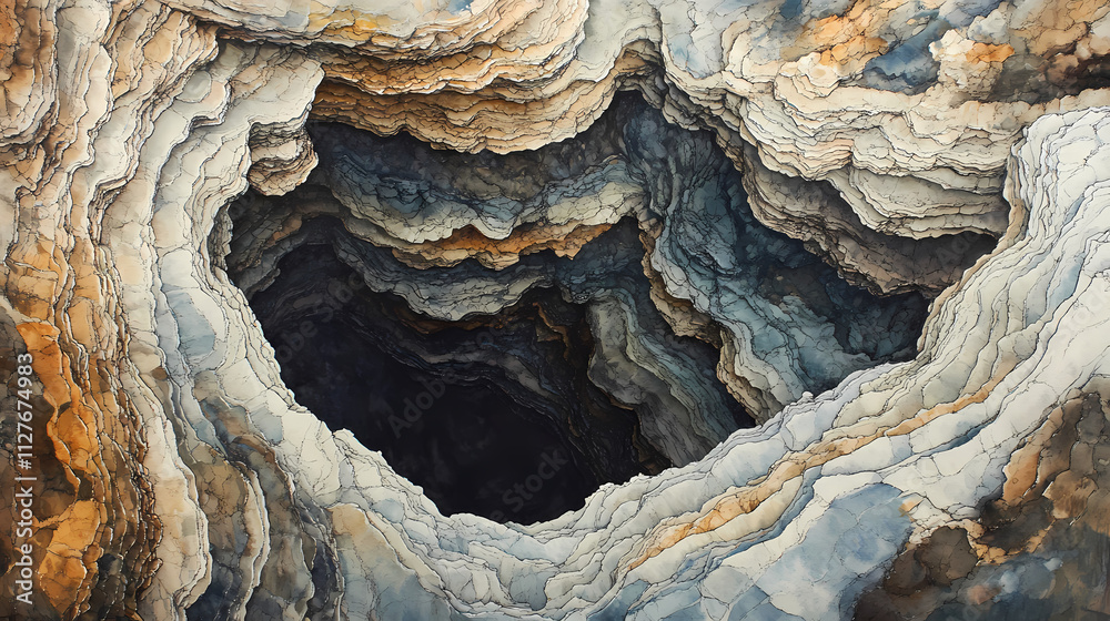 Overhead, the landscape reveals the weathered layers of rock, a ...