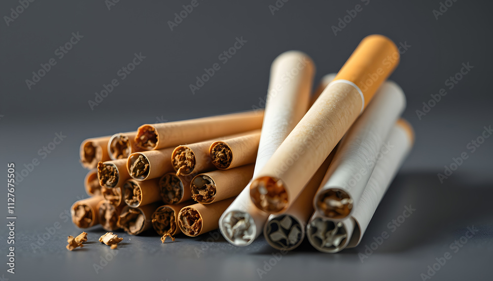 Macro View of the cigarettes and tobacco stack. The tobacco plant is ...