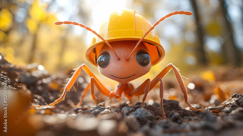 Ant in Hard Hat: Tiny Worker, Big Job, Autumn Setting Stock ...