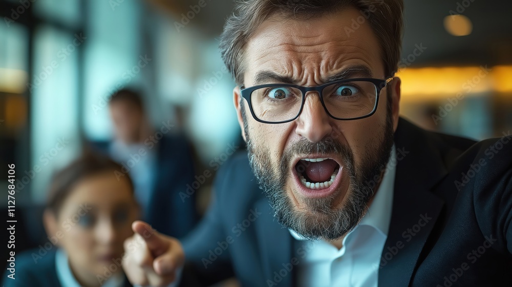 Angry businessman yells at worried employee in office. Boss shouts ...