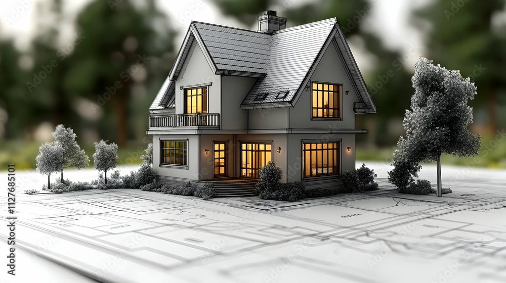 Dream House Design: Blueprint & 3D Model Showcase Stock Illustration ...