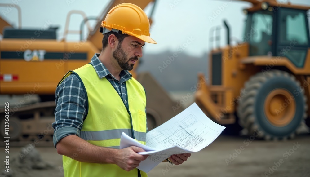 Civil engineer studies blueprints at bridge construction site. Heavy ...