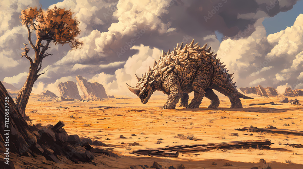 Armored ankylosaurus lumbering through dry desert landscape with fallen ...