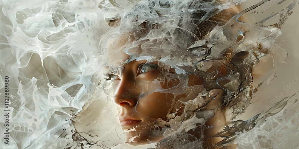 Beautiful surreal portrait of a woman made from mixed media, blending ...
