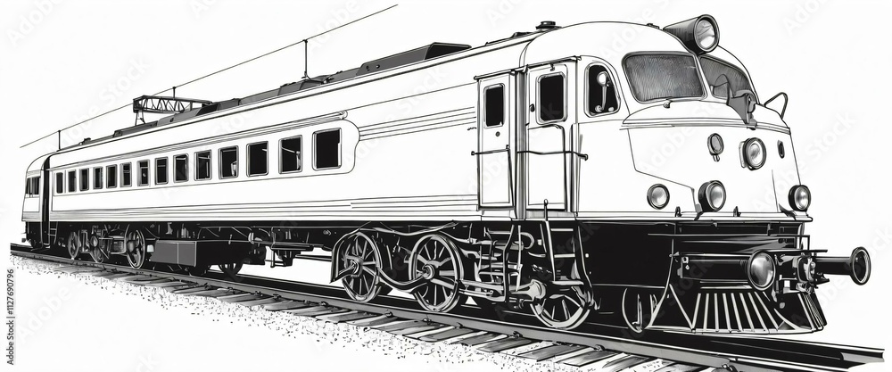 Detailed black and white drawing of a locomotive: precise lines and ...