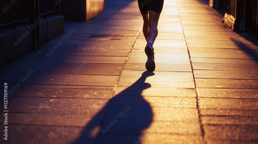 Runner s shadow cast long on a city sidewalk, with dusk fading into ...