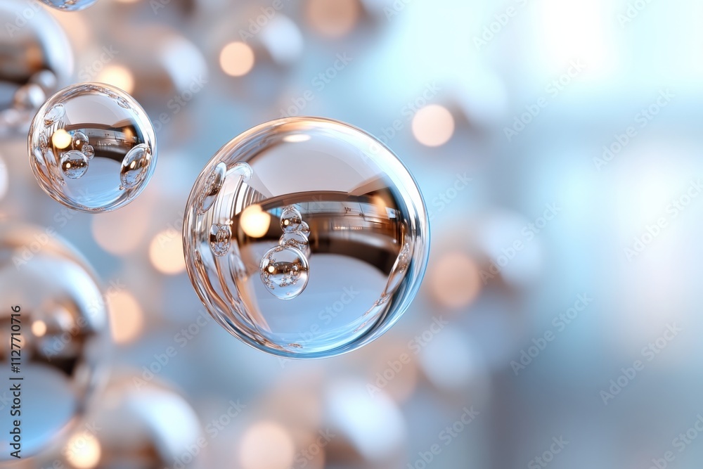 This captivating image depicts floating clear glass spheres that create ...