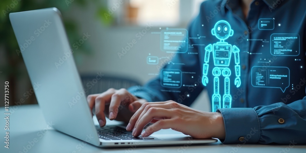 Person uses laptop interacting with AI virtual assistant. AI chatbot ...