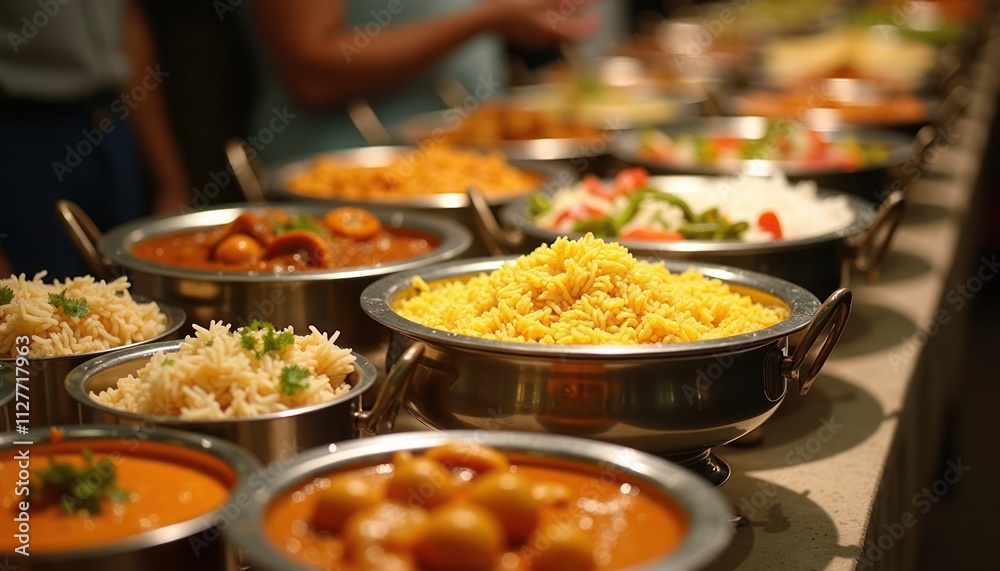 Indian buffet table displays variety curries rice and vegetables. Food arranged in metal bowls ...