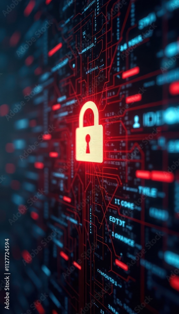 Cybersecurity concept shows data protection management. Digital interface displays complex ...