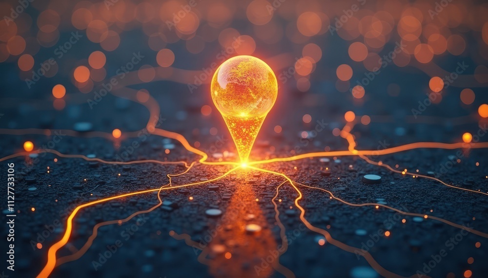 Glowing location pin highlights city digital map. Abstract tech map ...