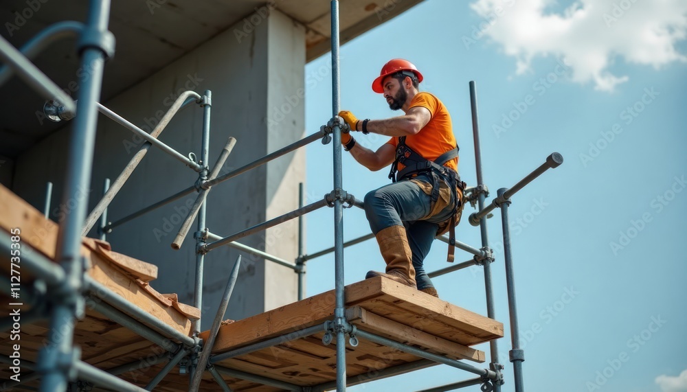 Construction worker secures beams on scaffolding. Person wears safety harness and hard hat ...
