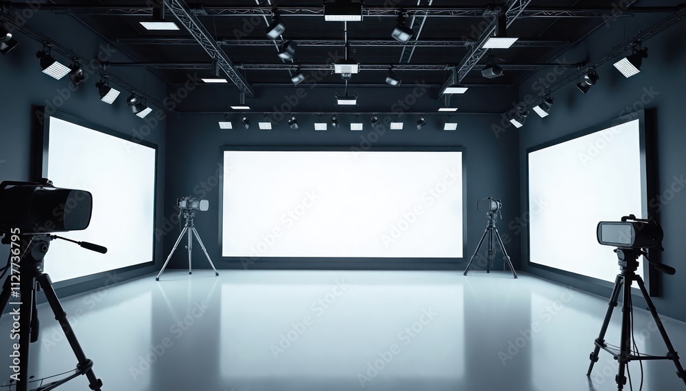 Modern tech studio interior. VR sets, motion capture gear positioned in ...