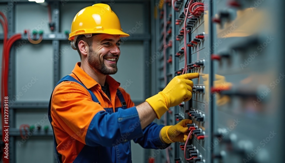 Electrician wearing safety gear connects wires in large electrical ...