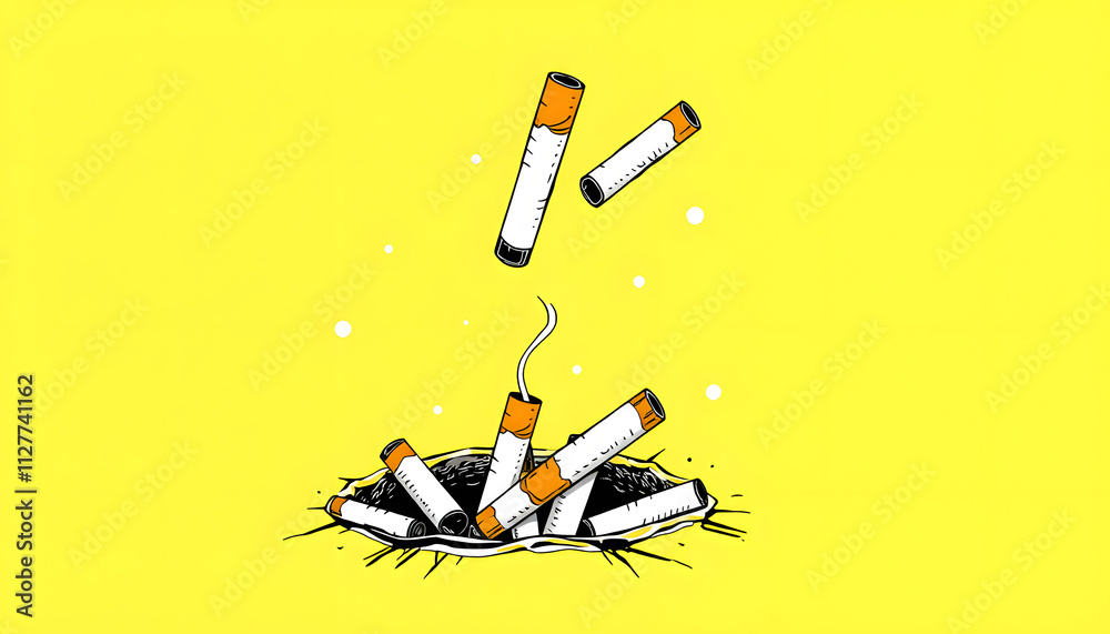 Cigarettes falling into a hole in yellow background isolated with white ...