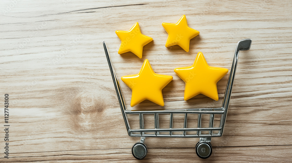 Shopping cart with yellow stars representing customer ratings e ...