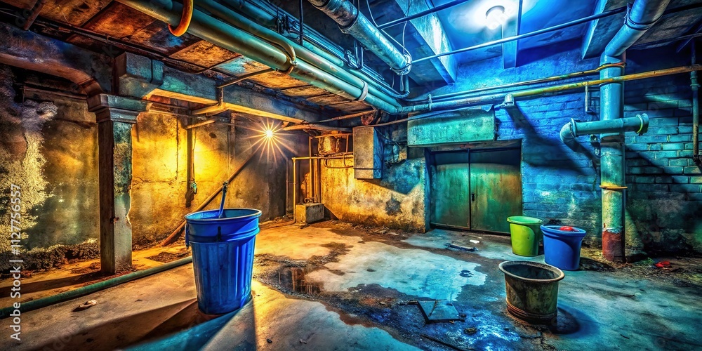 Abandoned Basement, Dusty, Blue Trash Can, Exposed Pipes ...