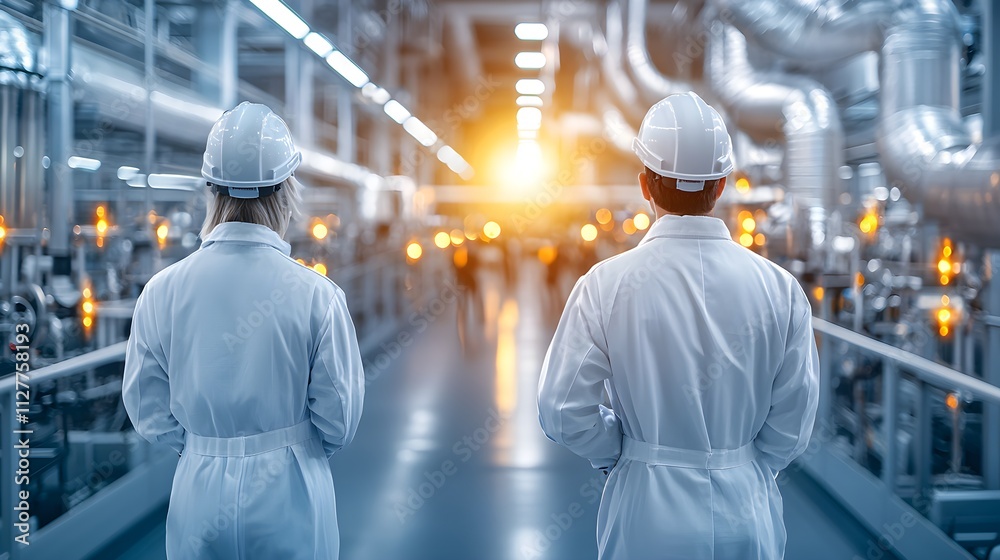 Back view of industrial factory visitors in clean white attire ...