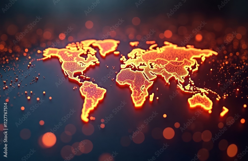 Global network map visualization glows. Interactive tech map highlights worldwide ...