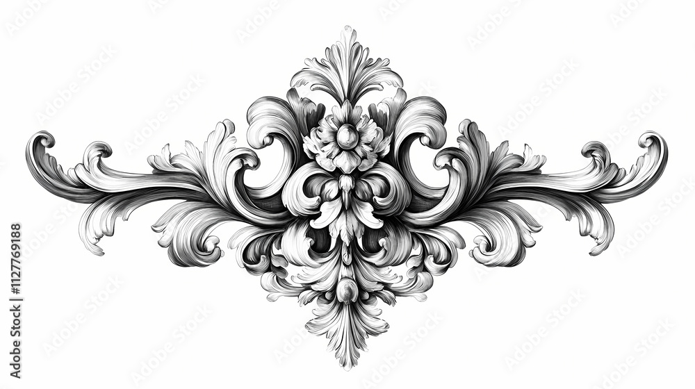 Design with stucco mouldings and rococo style illustration on white ...