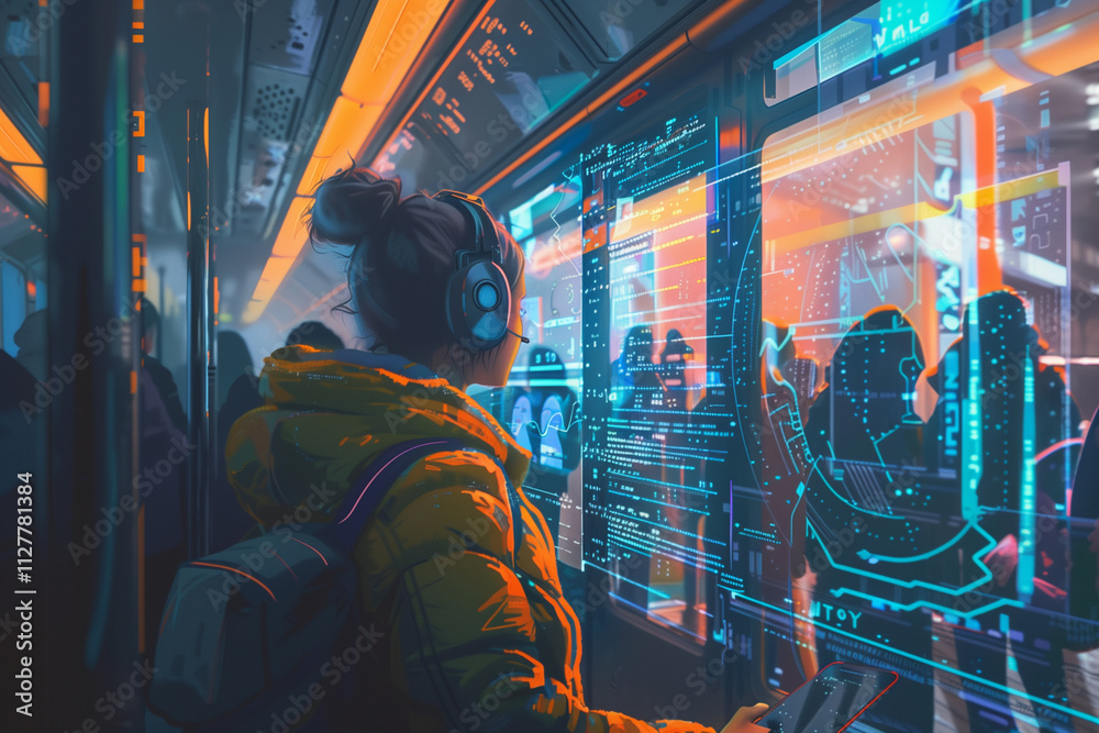 People checking holographic public transport map for navigator in ...