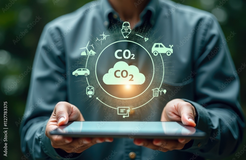 Businessperson displays eco initiatives on tablet. CO2 reduction plan ...
