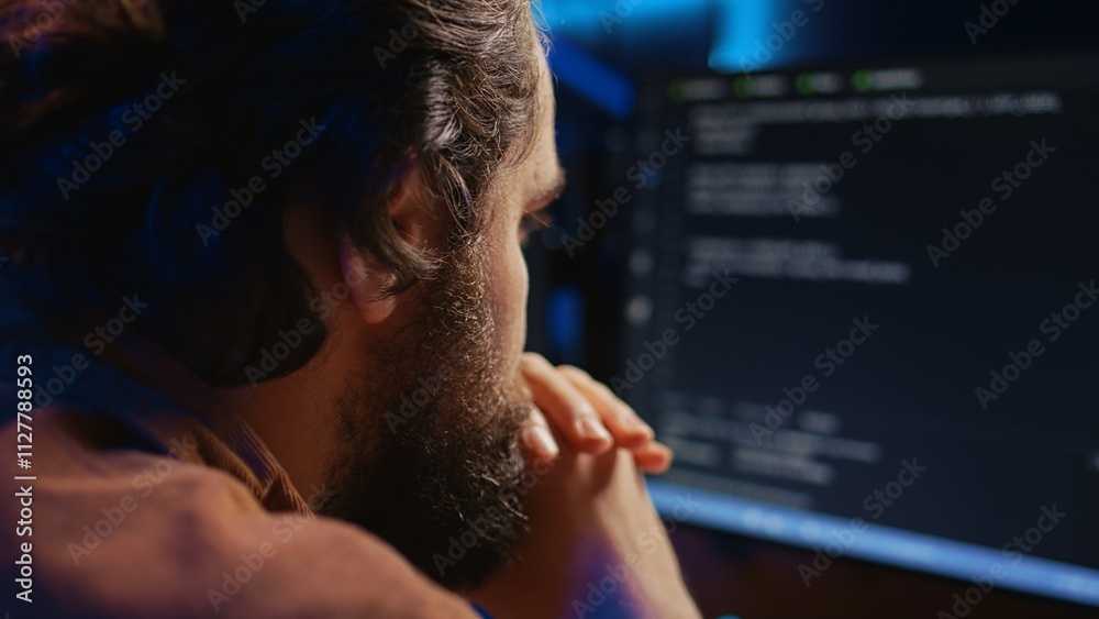 Foto de Stock Programmer in home office concentrating on finding bugs while doing coding on ...
