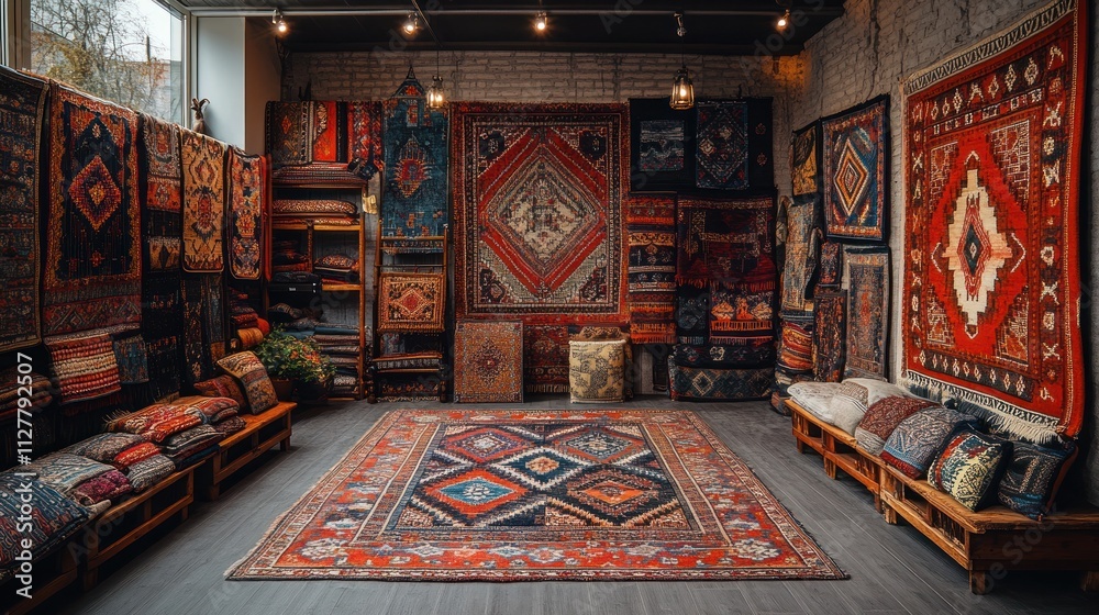 Vintage rug shop interior with various carpets and cushions. Stock ...