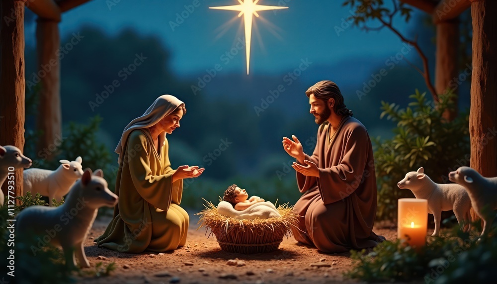 Foto Mary, Joseph tenderly watch baby Jesus in manger. Soft candlelight ...