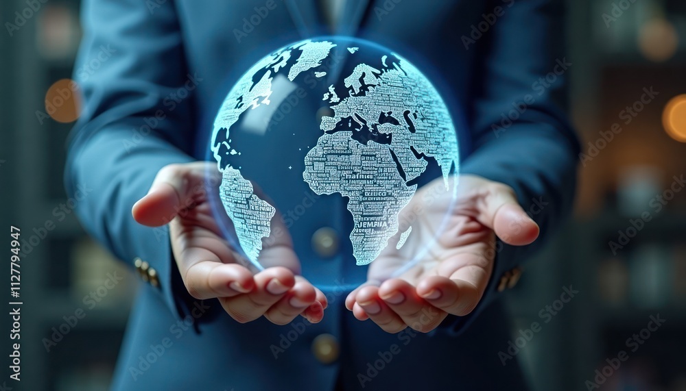Person holds digital globe with multiple languages displayed. Global ...