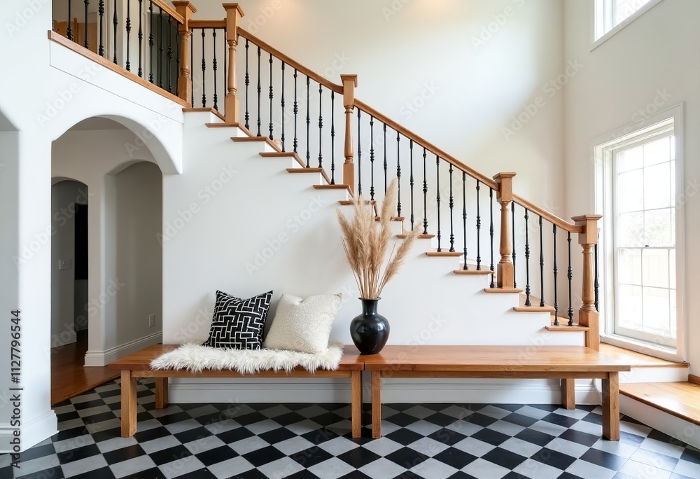 Stylish American Staircase Featuring Checkered Floor Tiles and Elegant ...