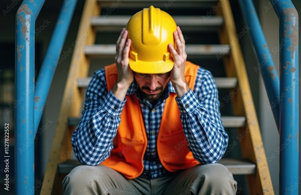Construction worker sits on metal stairs at work looking stressed ...