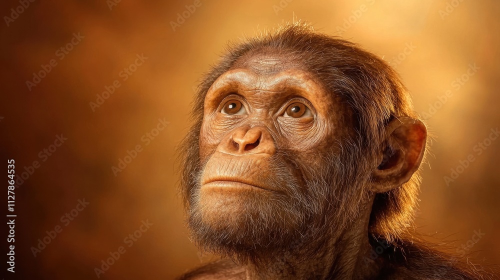 The portrait depicts a primitive human with a robust physique, a ...